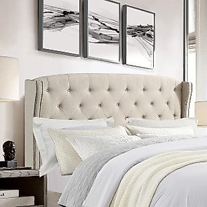 Rosevera Louis Upholstered Wingback Headboard with Double Nailhead Trimming and Button Tufting for Bedroom, Queen, Linen Beige