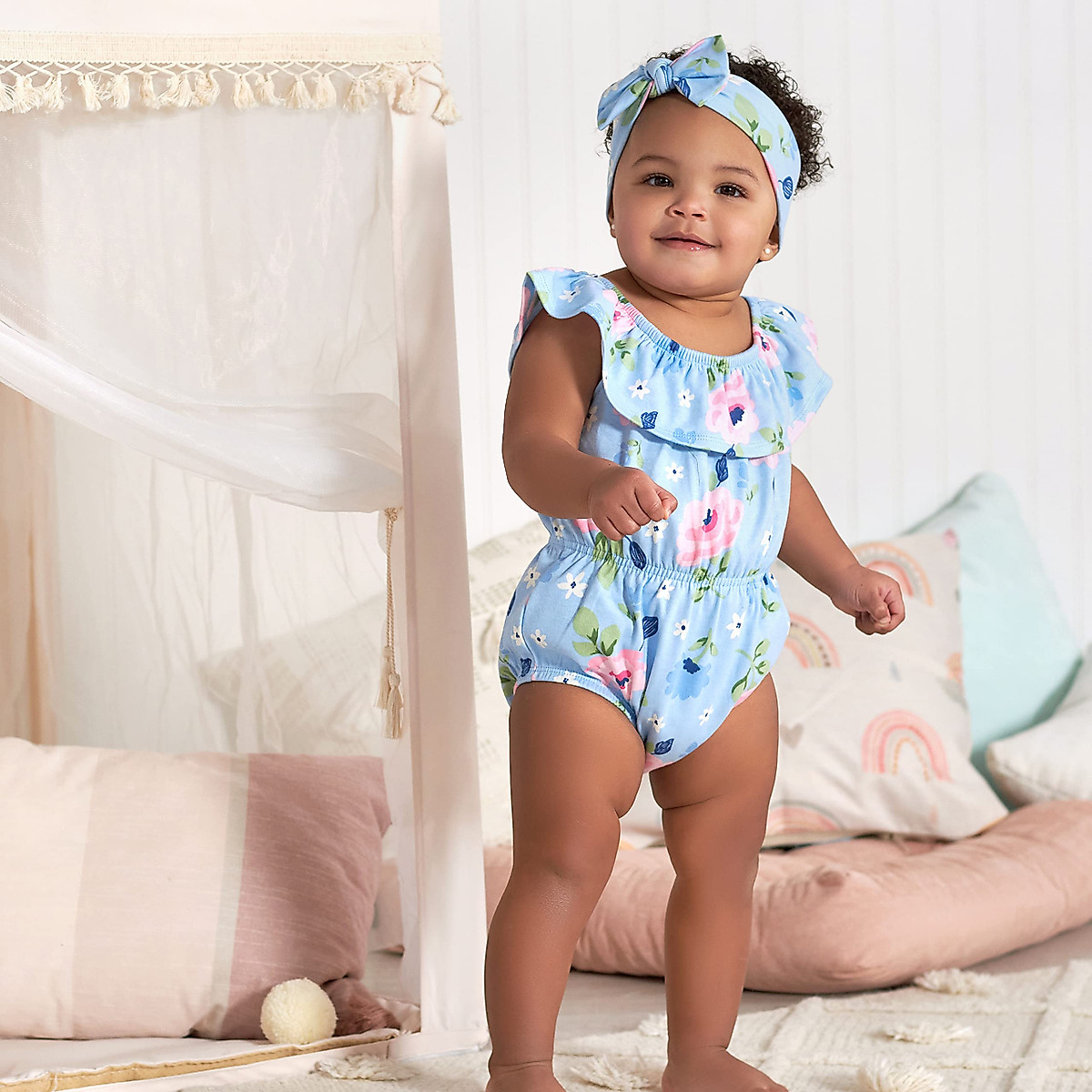 Gerber Baby Girls 2-Piece Wide Neck Romper & Headband Set, Blue Rose, 6-9 Months