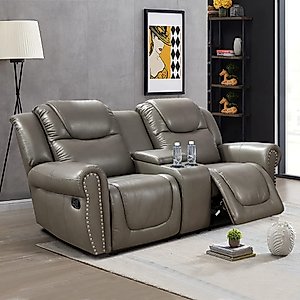 Ocstta Leather Manual Recliner Sofa for Loveseat, Living Room Sofa,Leather Sofa for Home/Office(Leather Recliner Loveseat) Grey