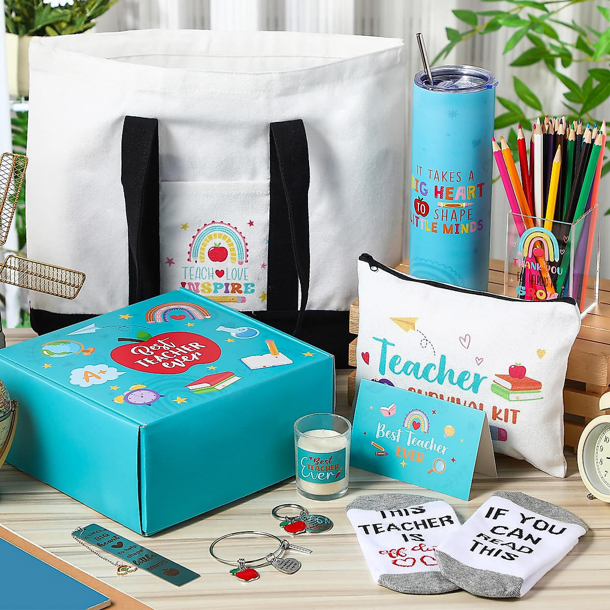 FoldTier Teacher Appreciation Gifts Thank You Best Teacher Gift for Women Canvas Tote Bag 20 oz Tumbler Scented Candle Thank You Appreciation Week Themed Retirement Basket Ideas(Blue,Novel)