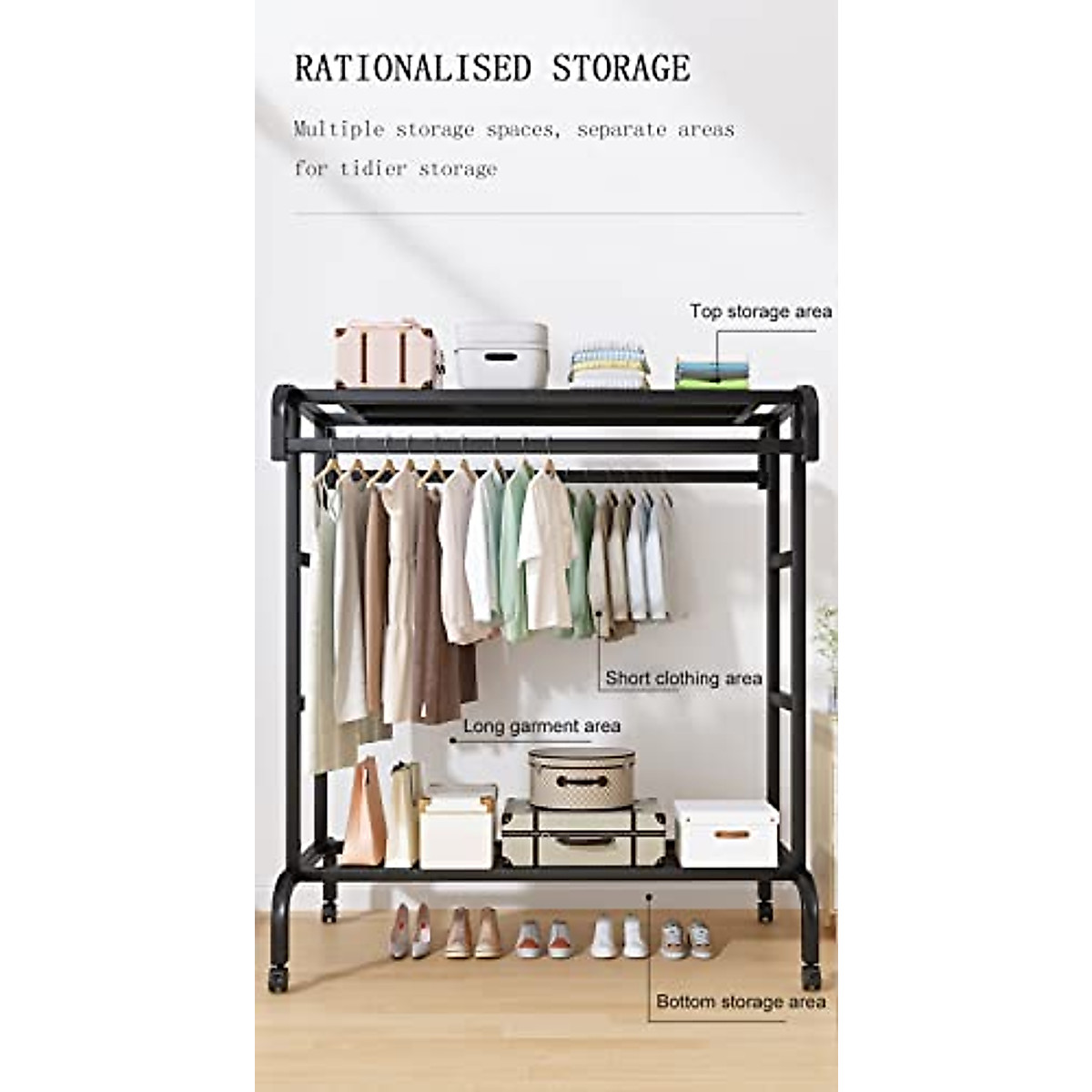 Qingluan Clothing Rack Heavy Duty Clothes Rack, Rolling Clothes Rack, Sturdy Metal Wardrobe Closet Rack for Hanging Clothes, Freestanding Closet Organizer, Max Load 520lbs,Black,47×20in/120×50cm