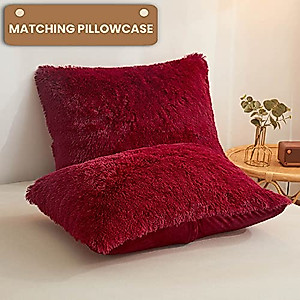 MEGO Luxury Shaggy Faux Fur Duvet Cover Set, Ultra Soft 3 PCS Fluffy Comforter Cover, Fuzzy Bedding Set King Size Quilt Cover(1 Plush Furry Duvet Cover + 2 Pillowcases), Zipper Closure(King, Red)