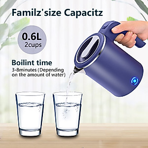 Small Electric Kettles Stainless Steel for Boiling Water, 0.6L Travel Mini Hot Water Boiler Heater, Double Wall Cool Touch Portable Kettle (Blue)