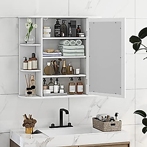 Tangkula Bathroom Medicine Cabinet with Mirror, Wall Mounted Bathroom Storage Cabinet with Mirror Door & 6 Open Shelves, Adjustable Shelves, Mirror Cabinet, Bathroom Wall Cabinet with Mirror (White)