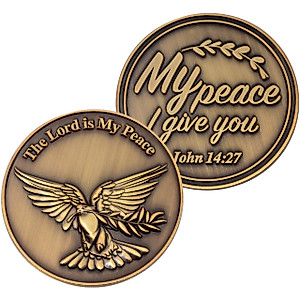 The Lord is My Peace, Dove and Olive Branch Pocket Token of Serenity, Christian Challenge Coins, My Peace I Give to You, Antique Gold-Color Plated John 14:27 Religious Gift