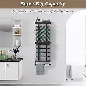 XWF Bathroom Towel Storage Rack，Wall Mounted Metal Bathroom Organizer,Wall Mounted Roll Towel Rack 30-Inch with Shelf for 6 Large Towels (Black)