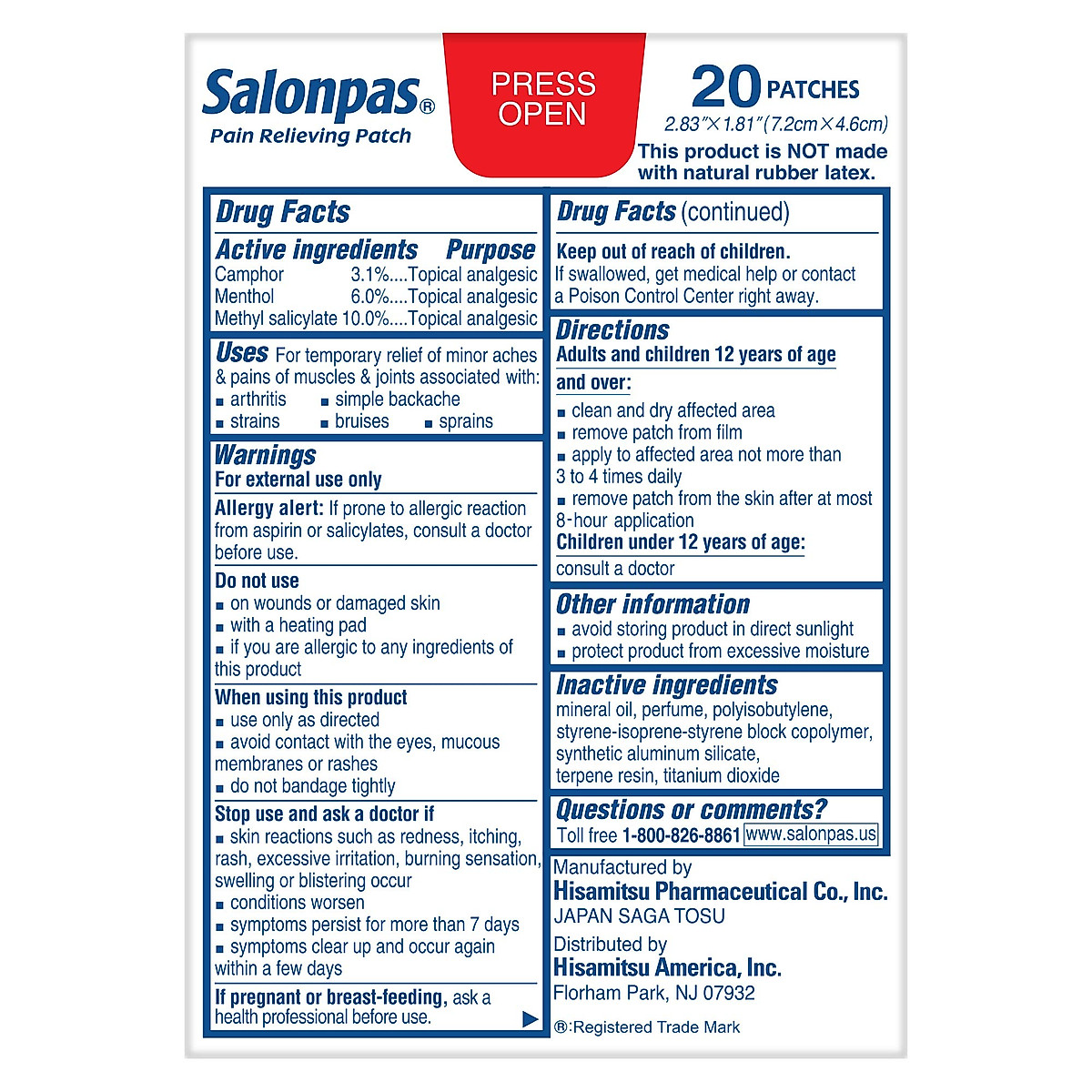 Salonpas Pain Relieving Patch, 20 Count, for Back, Neck, Shoulder, Knee Pain and Muscle Soreness, 8 Hour Pain Relief