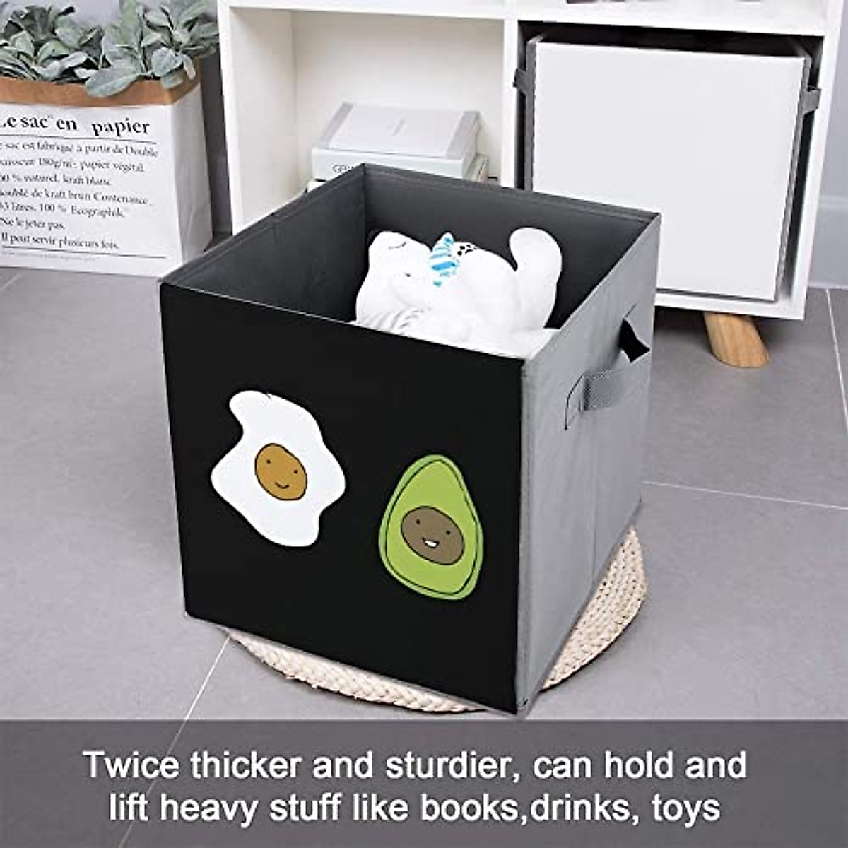 Egg and Avocado Friends PU Leather Collapsible Storage Bins Canvas Cube Organizer Basket with Handles