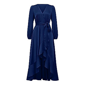PRETTYGARDEN Women's 2023 Fall Dresses Casual Long Sleeve Wrap V Neck Maxi Dress High Low Wedding Guest Dress Ruffle Hem (Navy,Large)
