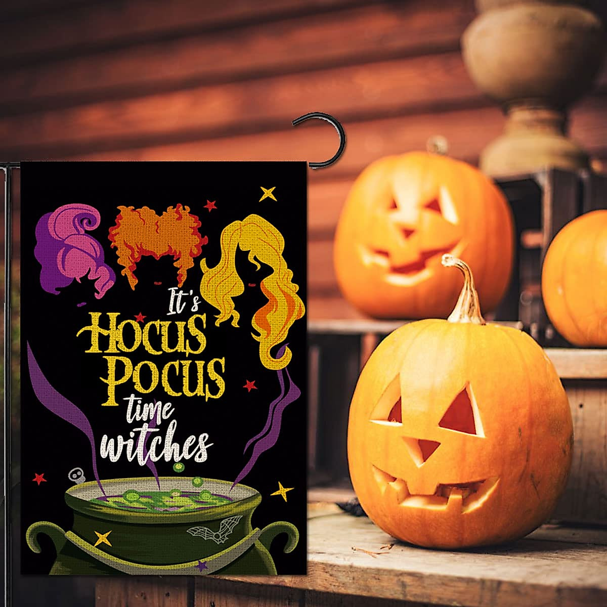 Witch Garden flag for Halloween Burlap House Yard Flag 12x18 Inch Funny Garden Decoration Double Sided Halloween Sign Decoration Outdoor Outside (It's Hocus Pocus Time Witches)