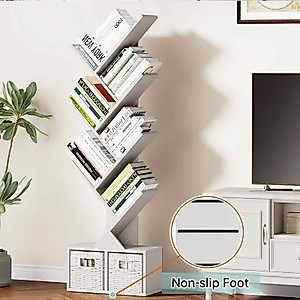 Vagusicc Tree Bookshelf, 6 Tier Bookshelf with Storage, Tall Narrow Bookcase, Wood Book Storage Rack for CDs/Books, Small Book Organizer Shelves for Bedroom, Living Room, Home Office, White