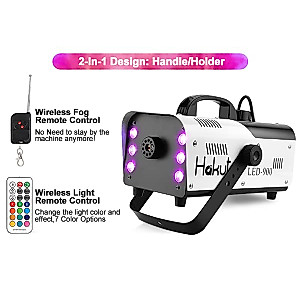 HAKUTA Fog Machine, 900W Automatic Spray Smoke Machine with 6 LED Lights and 7 Color Variation, 2000CFM Output with Wireless Remote Control for Wedding, Halloween, Parties and DJ Performance