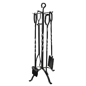 EVOLLY 5 Pieces Fireplace Tools Set 32Inch Heavy Duty Wrought Iron Fire Place Tool Set Fireplace Toolset for Fireplaces, Fire Pits, Hearth Accessories Including Tongs, Shovel, Stand, Poker & Broom