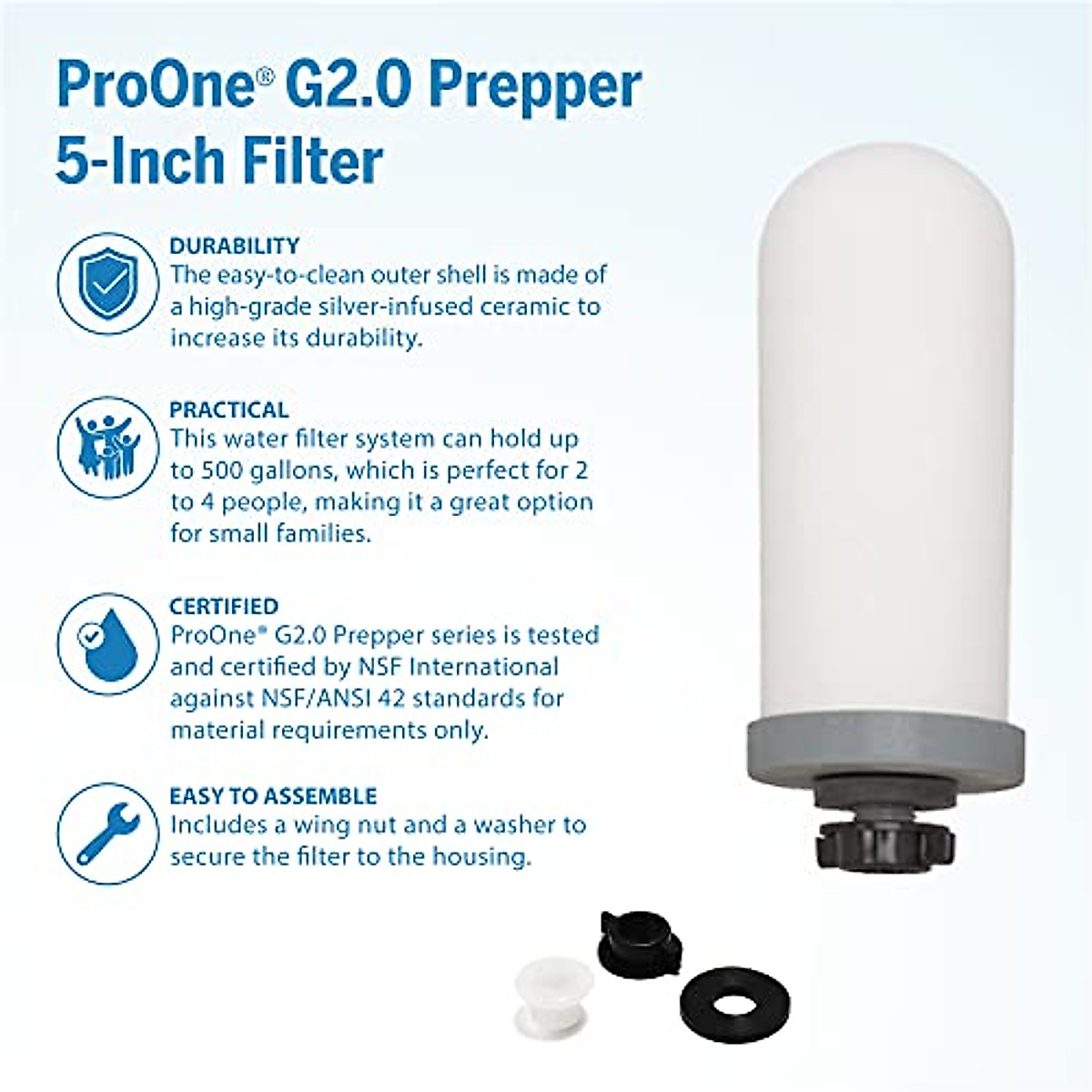 ProOne 5-inch Prepper Replacement Filter for ProOne Scout II Gravity Water Filtration System, Independently Tested Proven to Reduce PFAS