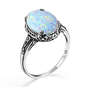 SZJINAO 6CT White Opal Ring Sterling Silver Rings For Women Floral Edwardian Antique Filigree Engagement Wedding Ring (Opal, 7)