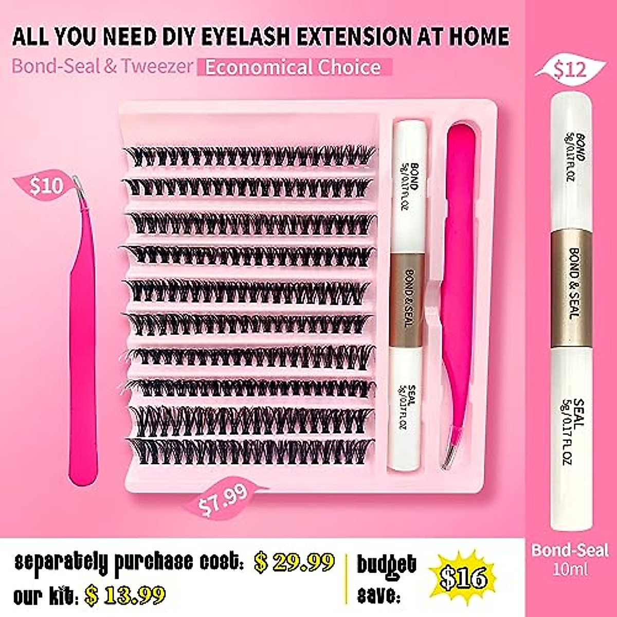40D Lash Extension Kit 200 Pcs Lash Clusters DIY Individual Lashes Eyelash Extension Kit D Curl Volume Cluster Lashes Wispy with Long Lasting Lash Bond and Seal and Lash Tweezers