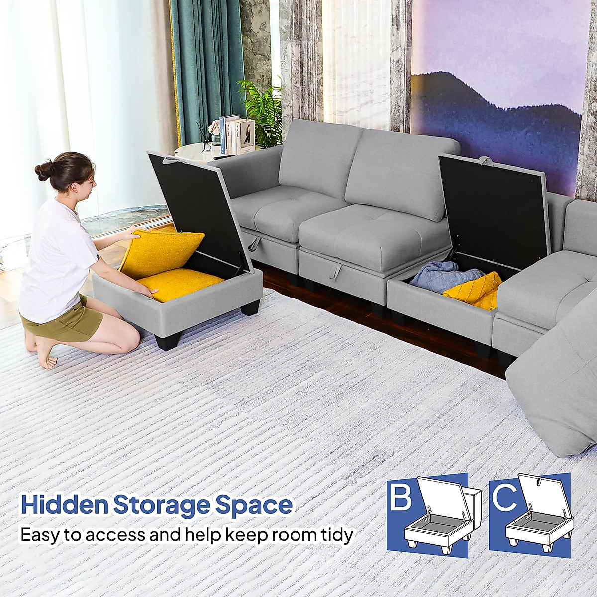 Arathorn Modular Sectional Sofa Couch with Reversible Chaise, 4 Seats L-Shaped Couch Sofa with Storage Ottoman for Living Room Apartment, Grey