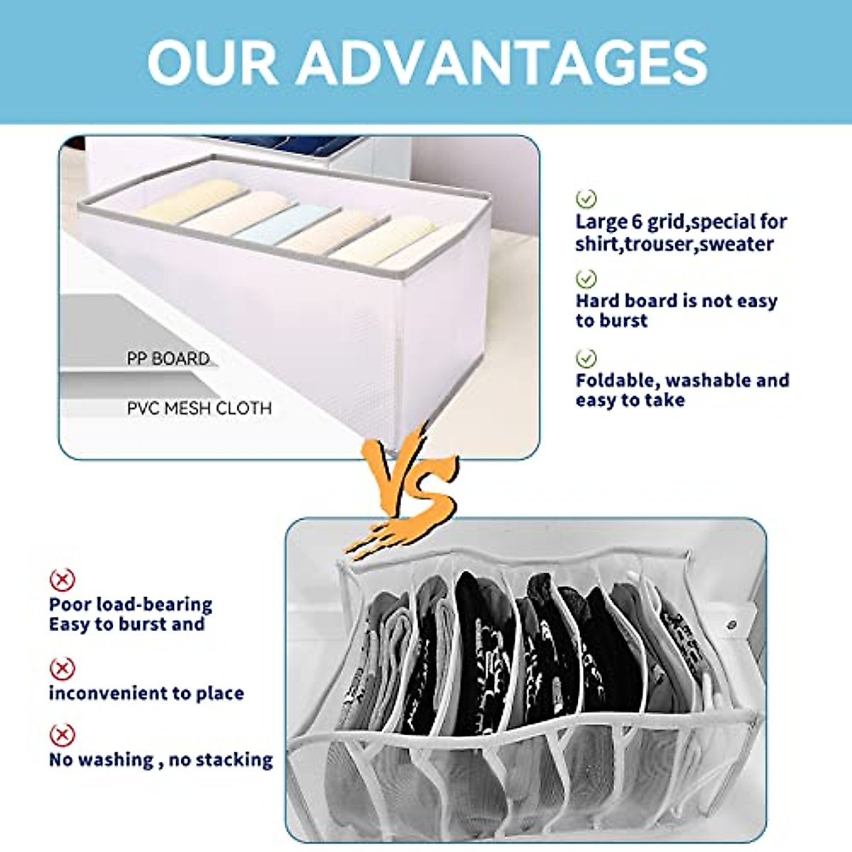 2 Pack Wardrobe Clothes Organizer, 5-7 Grids Clothes Organizer with Support Plate, Foldable Washable Clothes Drawer Organizer and Clothes Organizer for Sweaters, Shirts, Skirts, Shorts (6 Grids)