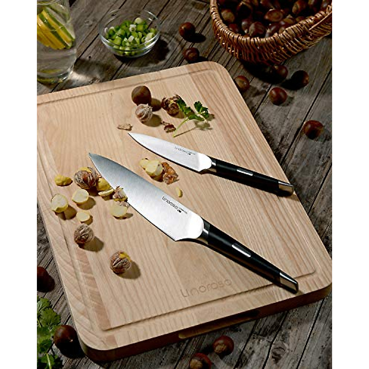 Linoroso Knife Set, 13-Piece Kitchen Knife Set with Block Sharp Chef Knife Set, German High Carbon Stainless Steel Knife Block Set with Beech Block with Black Oxide Stainless Steel Base