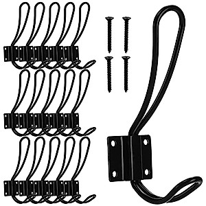 Tebery 16 Pack Rustic Double Looped Entryway Hooks Black Decorative Wall Mounted Coat Hooks with Screws