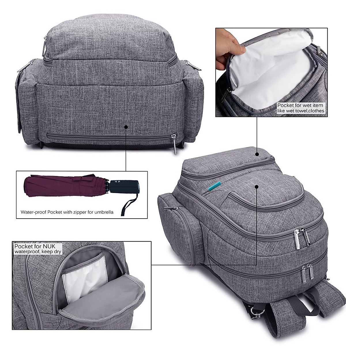 Skyla Homes Diaper Bag Backpack - Scratch Proof Baby Diaper Bag with Insulated Pockets, Large Water-Resistant Baby Bag, Multi-Functional Travel Knapsack (Grey)