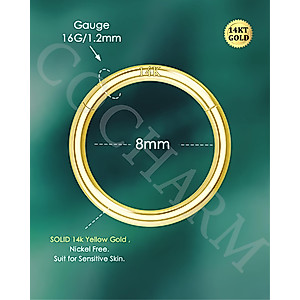 COCHARM 16G 14K Solid Gold Septum Nose Rings Yellow Gold Middle Helix Daith Earring Hoop 8mm Hinged Nose Hoop Nose Rings Yellow Gold Daity Piercing Jewelry