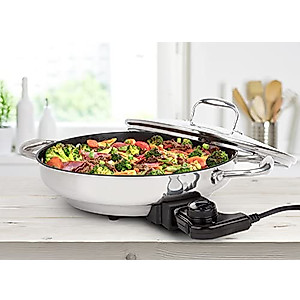 Electric Skillet By Cucina Pro - 18/10 Stainless Steel, Frying Pan with Non Stick Interior, with Glass Lid, 12" Round, Temperature Control Probe for Adjustable Heat Settings