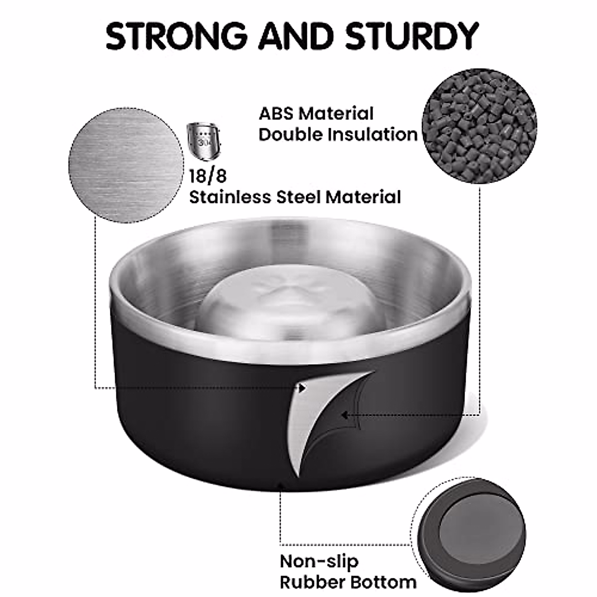 PETTOM Slow Feeder Dog Bowl, 18/8 Stainless Steel Dog Bowl Slows Down Food, Non-Slip Rubber Bottom Pet Food Water Bowl (50oz, Black)