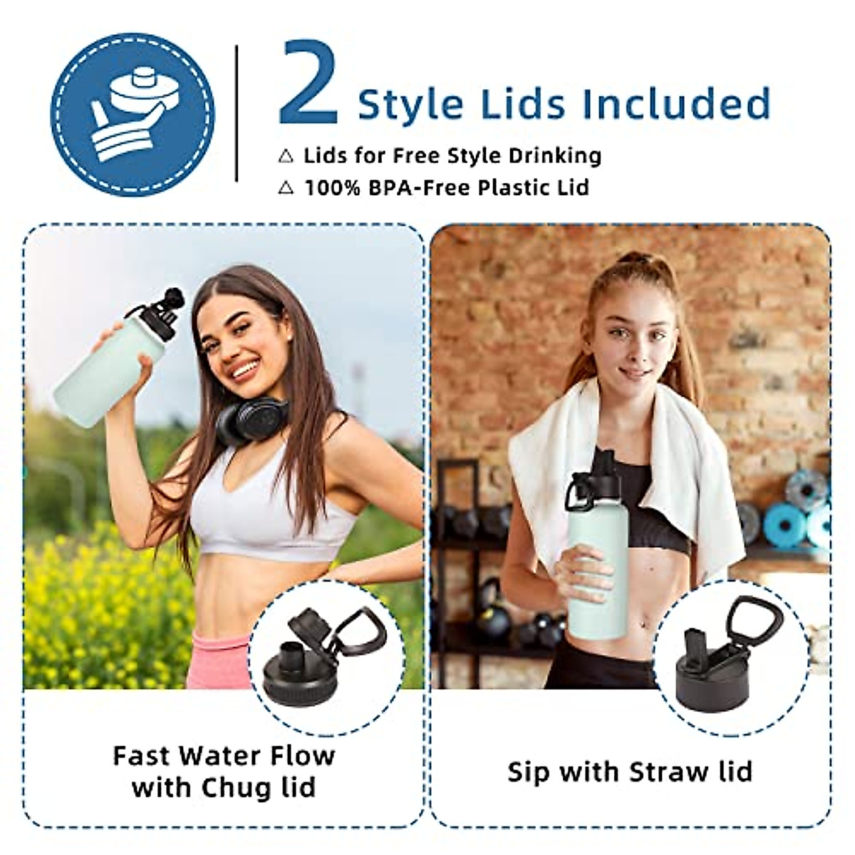 Volhoply 32 oz Insulated Water Bottle with Straw Lid & Spout Lid,Stainless Steel Sports Water Bottle,Double Wall Vacuum Thermos,Leak proof Wide Mouth Metal Flask,Keeps Cold or Hot for Travel(Fog,1)