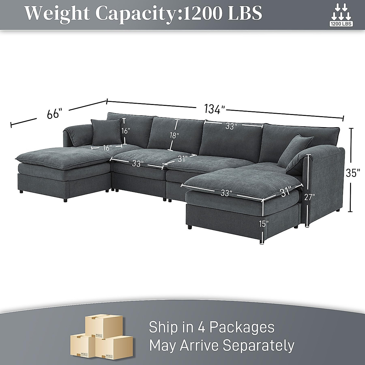 ONEMMLION 134" Cloud Couch Sectional Sofa with Ottomans, Modular Sectional Couch with Double Cushions, Modern 6 Seat Comfy Oversized Chenille U Shaped Couch for Living Room, Grey