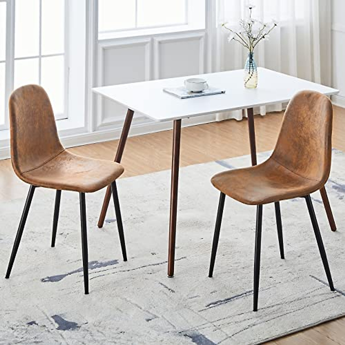 HomyCasa Dining Chairs Set of 2, Modern Mid-Century Kitchen Dining Room Chairs Living Room Side Chairs with Metal Leg Suede Seat for Restaurant Lounge Farmhouse, Rustic Brown, 2PCS (Black)