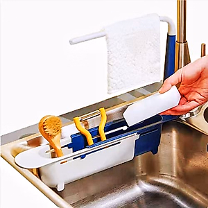 Upgraded Telescopic Sink Storage Rack, Adjustable Length 2-in-1 Sink Organizer Tray Sponge Soap Holder with Dishcloth Hanger, Expandable Storage Drain Basket for Home Kitchen (Blue)