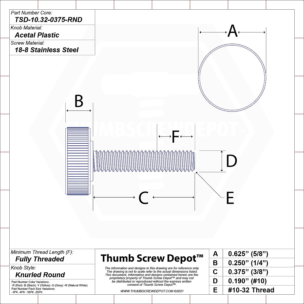 #10-32 x 3/8" Thumb Screw Stainless Steel - Gray Knurled Round Plastic Knob - Fine Thread Thumbscrew - Length: 0.375" - Proudly Built in USA - Package of (25)