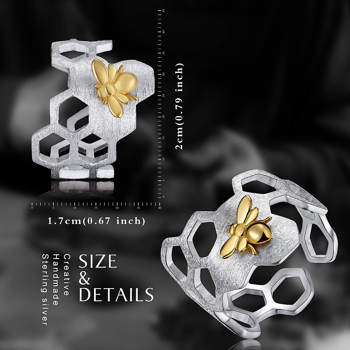 Lotus Fun S925 Sterling Silver Rings Handmade Unique Thumb Ring Natural Honeycomb Bee Open Ring Honeycomb Home Guard Jewelry Gifts for Women and Girls