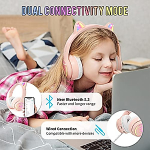 Cat Ear Headphones for Children IFECCO Cute Bluetooth Wireless Headset On-Ear with Led Light Up for Kids Girls Boys School Travel (Pink)