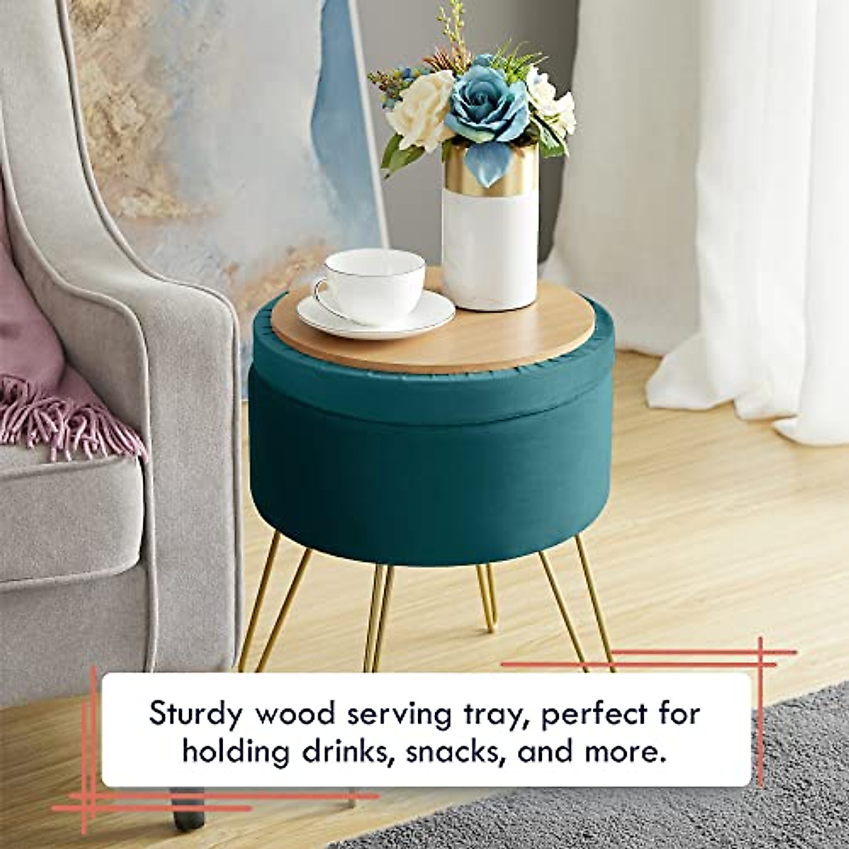 Ornavo Home Modern Round Velvet Storage Ottoman Foot Rest Vanity Stool/Seat with Gold Metal Legs & Tray Top Coffee Table - Teal