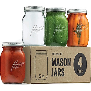 CAMDEPOSU Wide Mouth Mason Jars 32 oz - (4 Pack) Ball Quart With Airtight lids and Bands For Canning, Fermenting, Pickling, Freezing, Storage Glass jar, Microwave & Dishwasher Safe, Clear