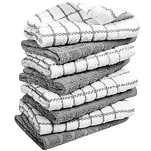 Bumble Premium Cotton Dish Cloths (12" x 12") Grey Check Design | Highly Absorbent | Natural Ring Spun Cotton | Kitchen Dish Towel Set | 380 GSM - 8 Pack