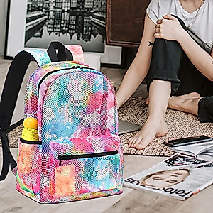 LEDAOU Mesh Backpack for Kids Girls Semi-Transparent Mesh School Backpack Bookbag Lightweight Casual Daypacks for Beach Gym Travel (Tie Dye Orange)
