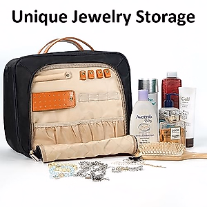 TOUCHFEEL Hanging Toiletry Bag for Women, Travel Makeup Bag Organizer, Extra Large Toiletries Bag, Water-resistant Bathroom Cosmetic Bag with Jewelry Organizer Compartment (Black, Medium)