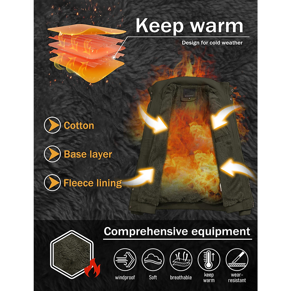 CRYSULLY Men's Cotton Jacket Winter Military Coats Fleece Lined Thick Work Coats Warm Cargo Jackets Army Green M