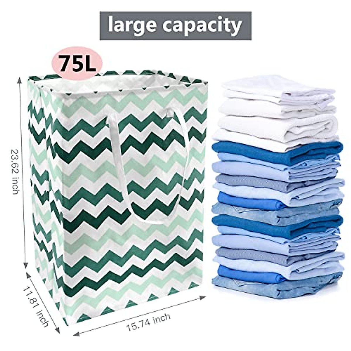 Nancyber 2 Pack Collapsible Laundry Basket, 75L Large Waterproof Laundry Hamper with Handles, Clothes Hampers for Laundry, Dorm, Toys Storage, Foldable Laundry Room Organization (Green Wavy)
