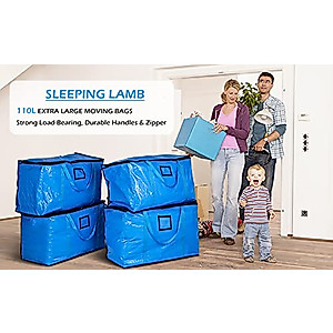 SLEEPING LAMB 110L Extra Large Moving Bags Heavy Duty Reusable Moving Totes Boxes Storage Containers for Clothes Comforters Blankets, Carrying, Travelling, College Dorm Packing, 4 Packs, Blue