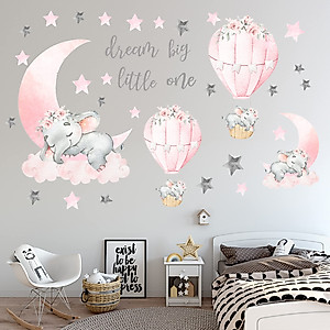 Dream Big Little One Elephant Wall Decals, Peel and Stick Wall Sticker Pink Moon Hot Air Balloon Grey Stars Nursery Decor, Home Kitchen Room Decorations Boy Girl Kids Bedroom Art Party Supplies