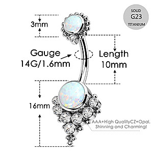 COCHARM G23 Titanium Belly Button Rings for Women Hypoallergenic Titanium Navel Rings 14g Internally Threaded White Opal Belly Ring