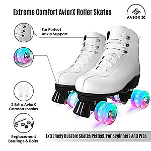 AviorX Premium Roller Skates for Women & Everyone All Adult Men, and Womens, Girls, and Kids Indoor & Outdoor High Top Luxurious Retro Roller Skate for Womens/Unisex with Extras (8, White)
