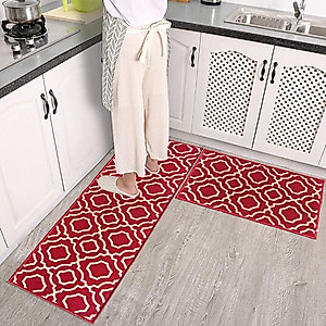 Easychan 2 Piece Carpet Rubber Backing Kitchen Mat Doormat Area Rugs (15"x47"+15"x23", Red)