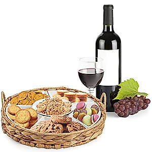 AVLA Ceramic Divided Serving Dishes, Porcelain Relish Tray, Party Appetizer Platter, 6 Removable Snack Bowls with Cattail Basket for Chips and Dips, Candy, Nut, Condiment, Veggie, Portable Handle