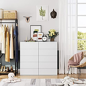 FOTOSOK 5 Drawer Dresser, Modern Storage Chest of Drawer with Large Storage Space, 23.6L x 15.7W x 39.4H Inch Bedroom Tall Nightstand Clothing Organizer Cabinet, White