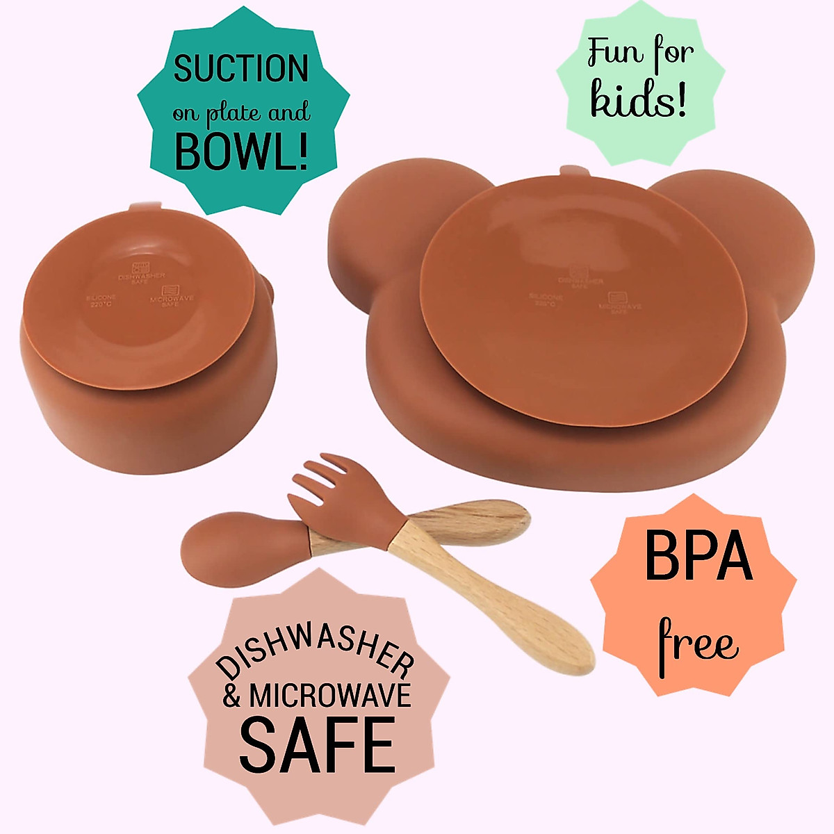 Red Panda Bamboo Silicone Suction Plate and Bowl Set with Spoon and Fork BPA Free Divider Kids Plate Bear Plate Bear Bowl Animal plate Microwave Safe Dishwasher Safe